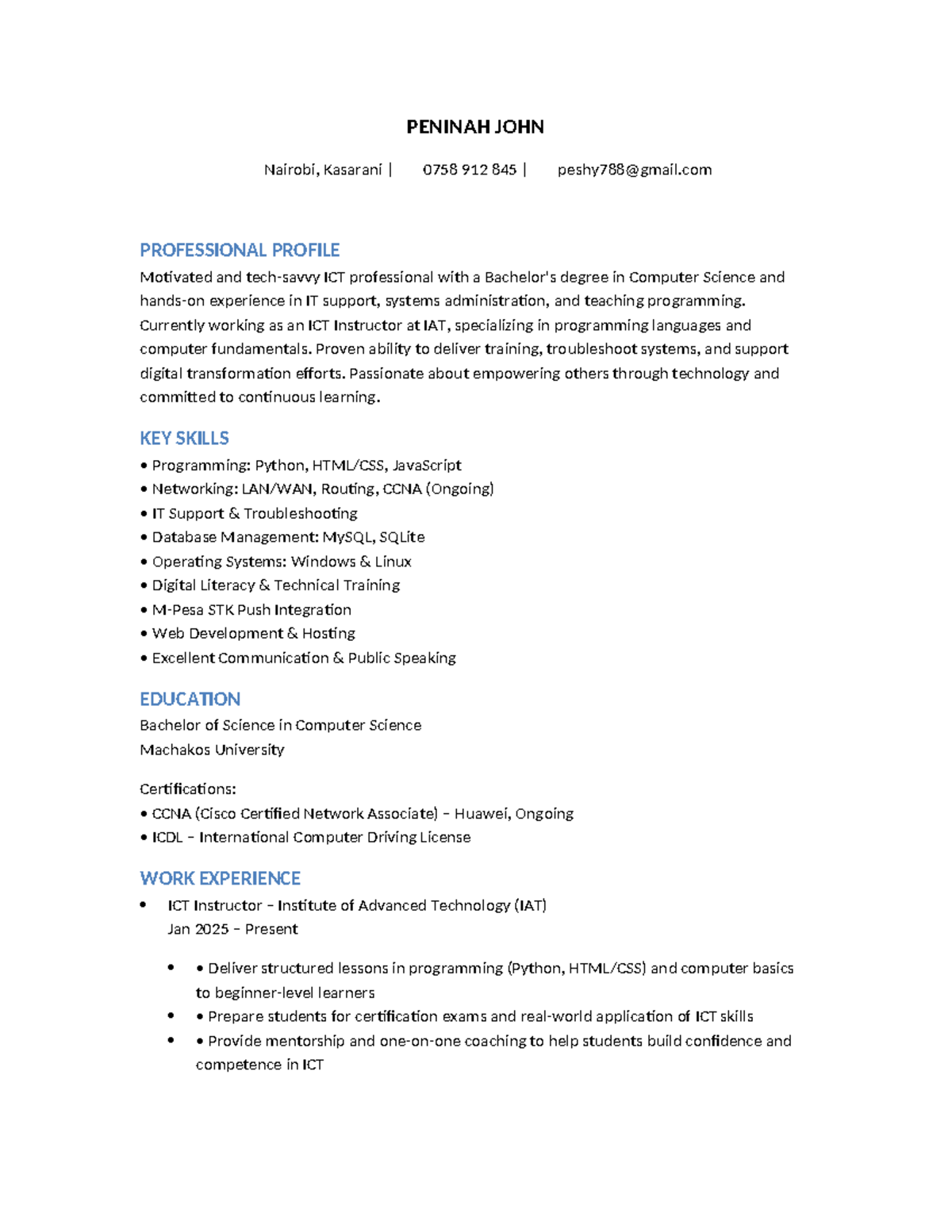 ICT Instructor CV - Peninah John (BSc in Computer Science) - Studocu