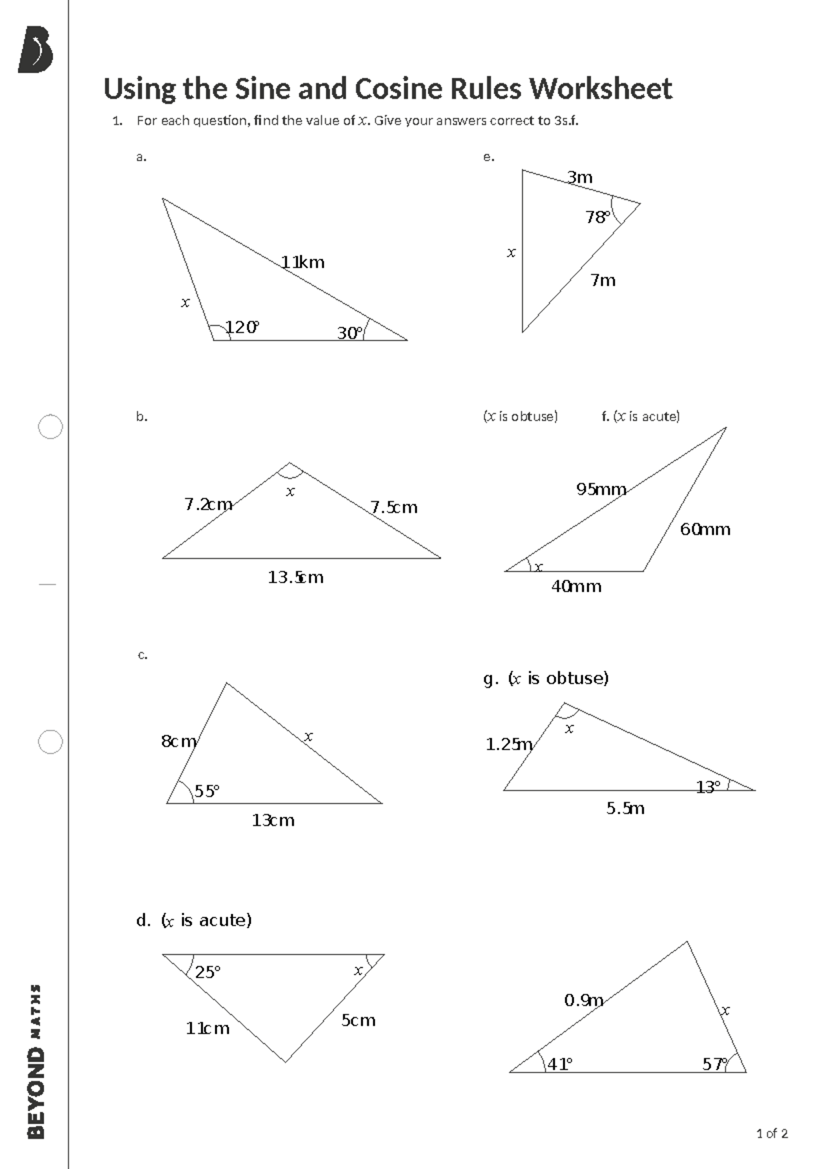 Sine and Cosine Rules Worksheet 5: Finding x Values - Studocu