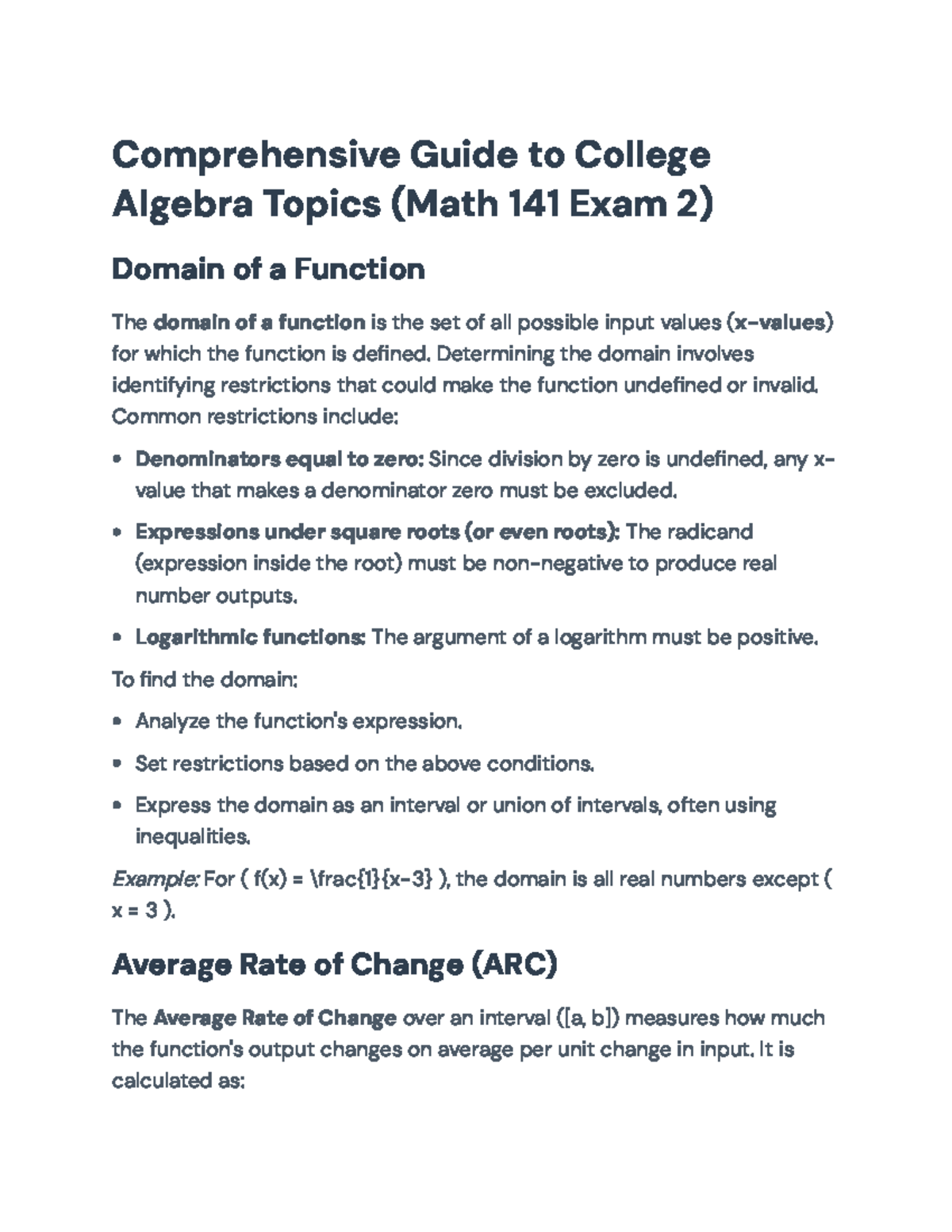 Comprehensive Review of College Algebra Concepts (Math 141 Exam 2 ...