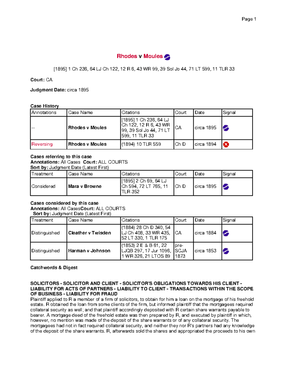 Rhodes v Moules [1895] CA Judgment Analysis and Case History - Studocu