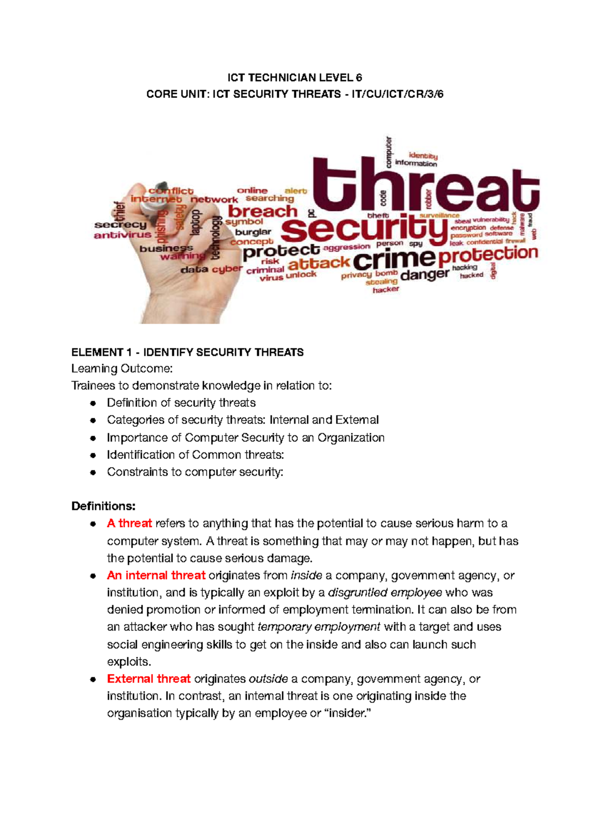 ICT TECHNICIAN LEVEL 6: Core Unit on Security Threats Analysis - Studocu