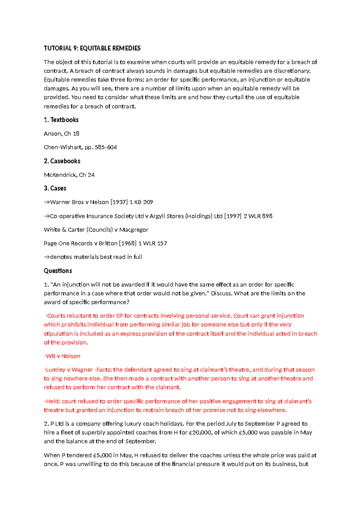 Tutorial 9: Equitable Remedies in Breach of Contract Analysis - Studocu