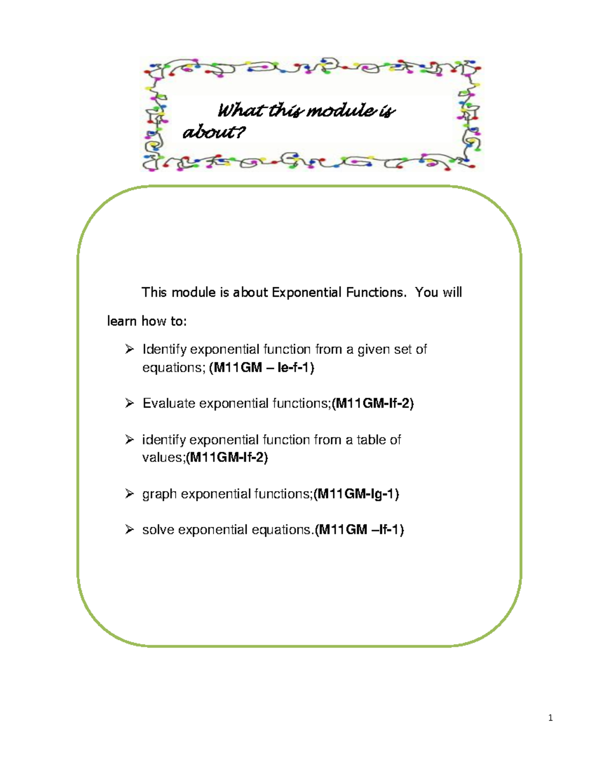 Module M11GM: Understanding Exponential Functions and Their ...