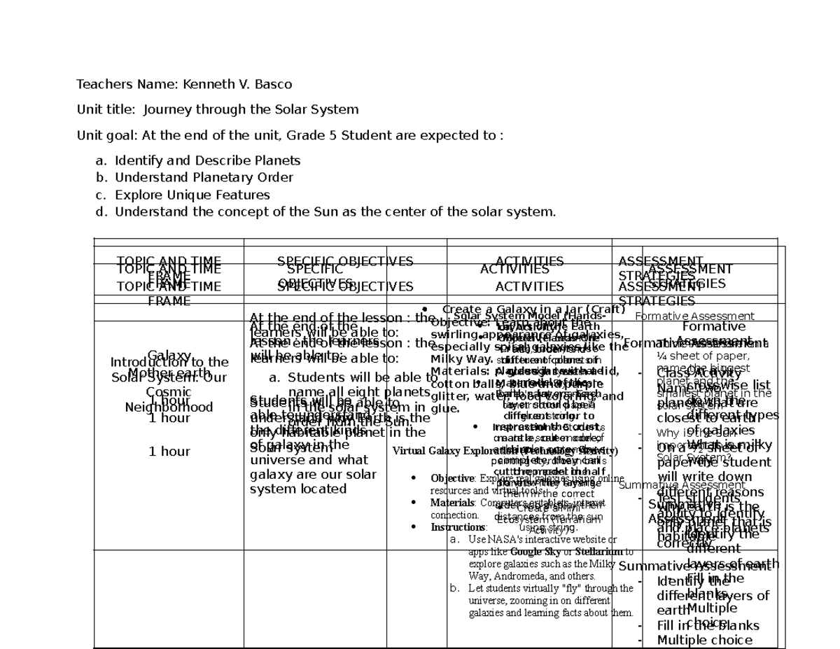 Stars - lessson plan in science - Teachers Name: Kenneth V. Basco Unit ...