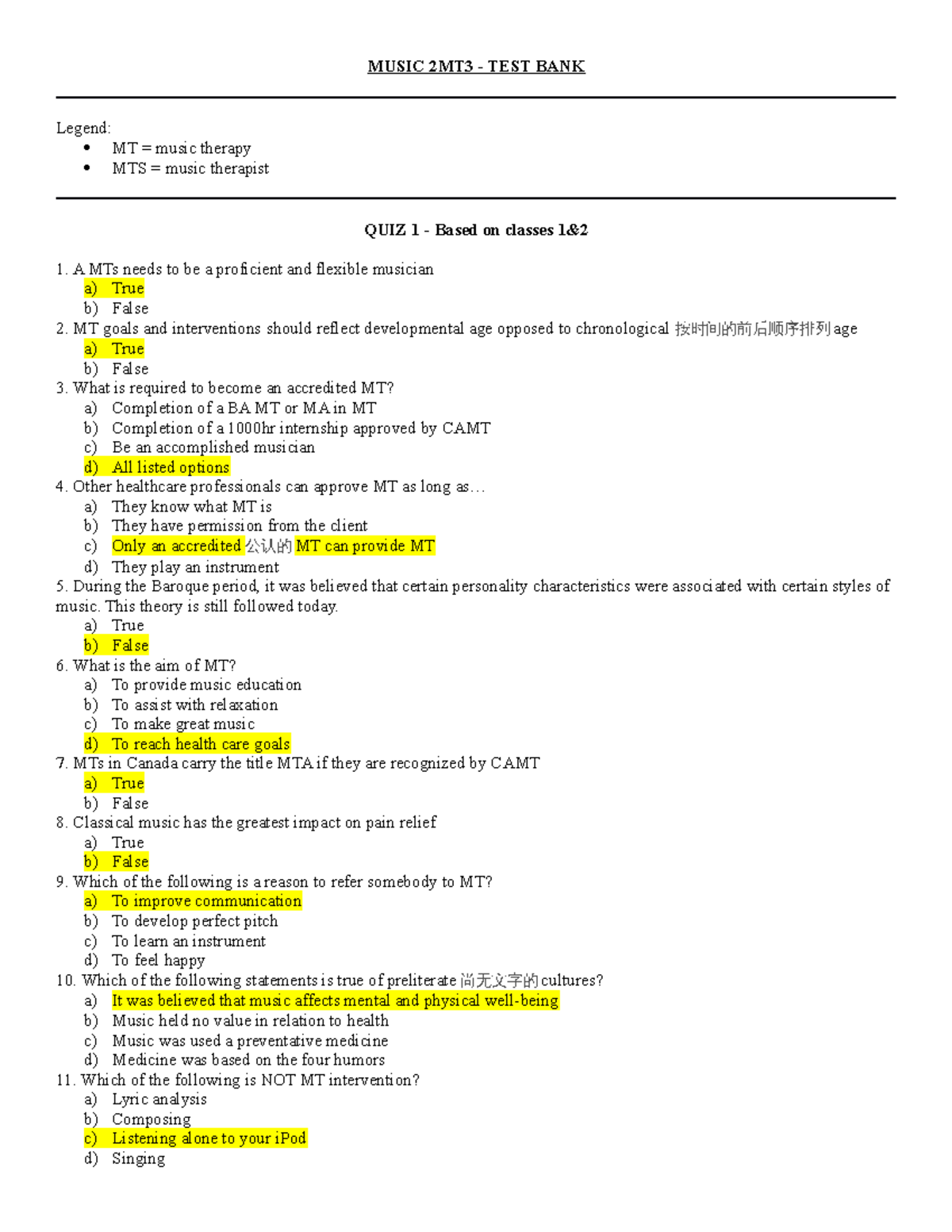 MUSIC 2MT3 - Quiz Questions Compilation and Test Bank - Studocu