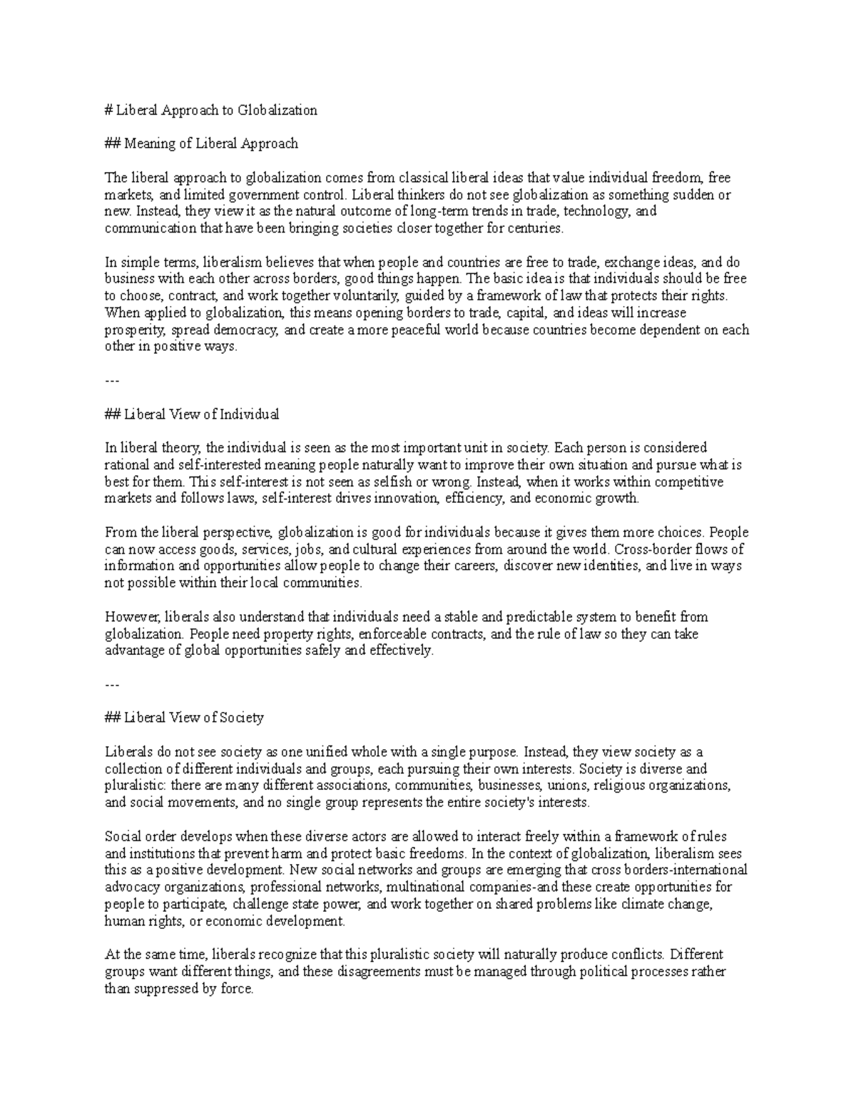 Liberal Approach to Globalization: Key Concepts and Implications - Studocu
