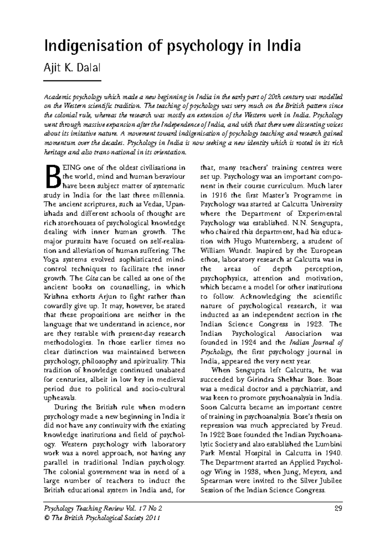 Indigenisation of Psychology in India: A Historical Overview and Future ...