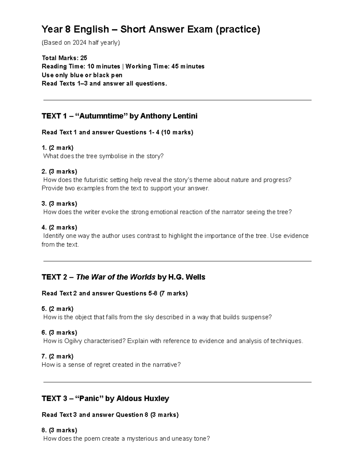 Year 8 English Short Answer Exam Practice (2024 Half Yearly) - Studocu