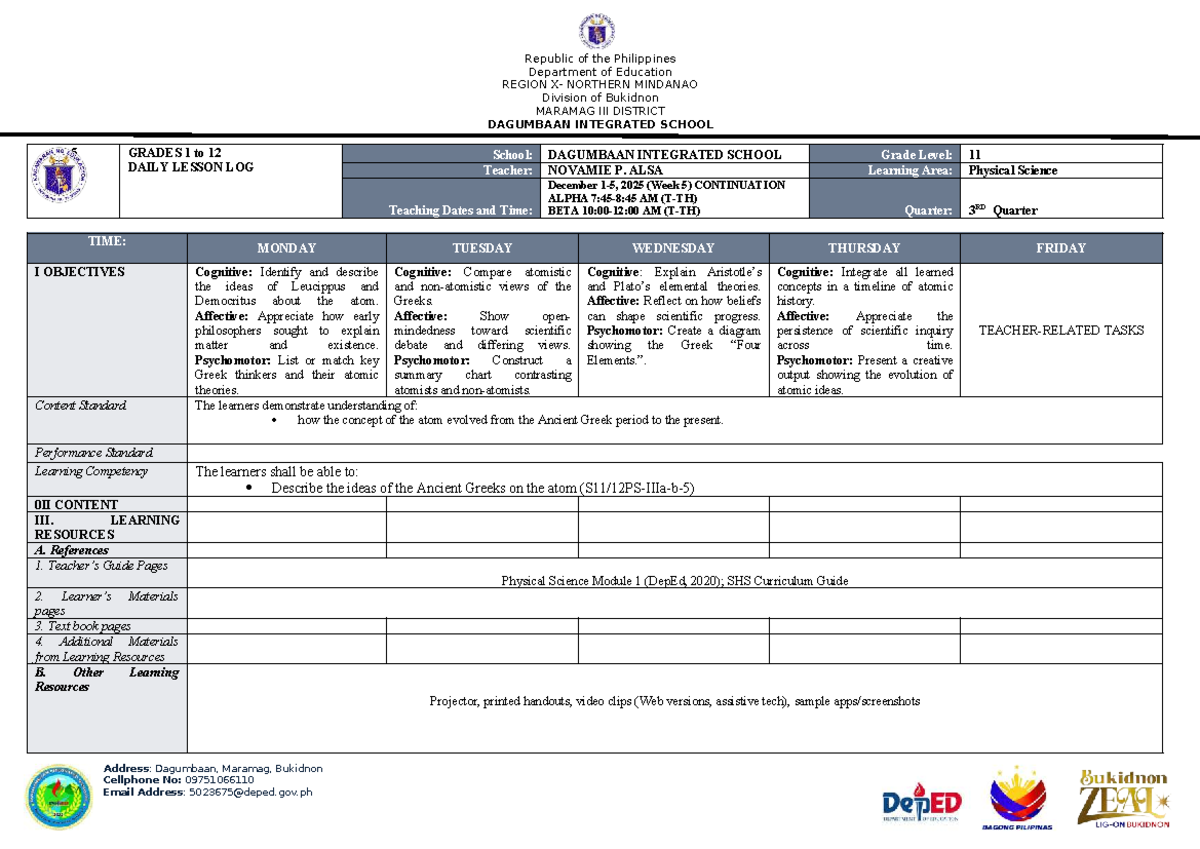 DLL-PS-W5: Daily Lesson Log for Physical Science on Atomic Theory - Studocu