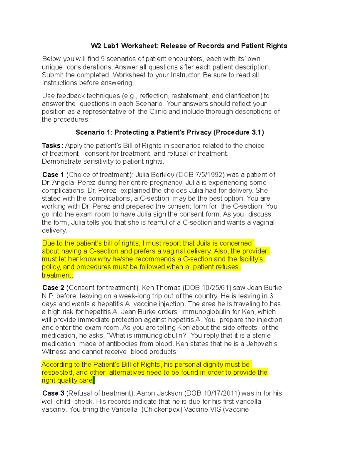 W2 Lab1 Worksheet: Patient Rights & Privacy Scenarios Analysis - Studocu