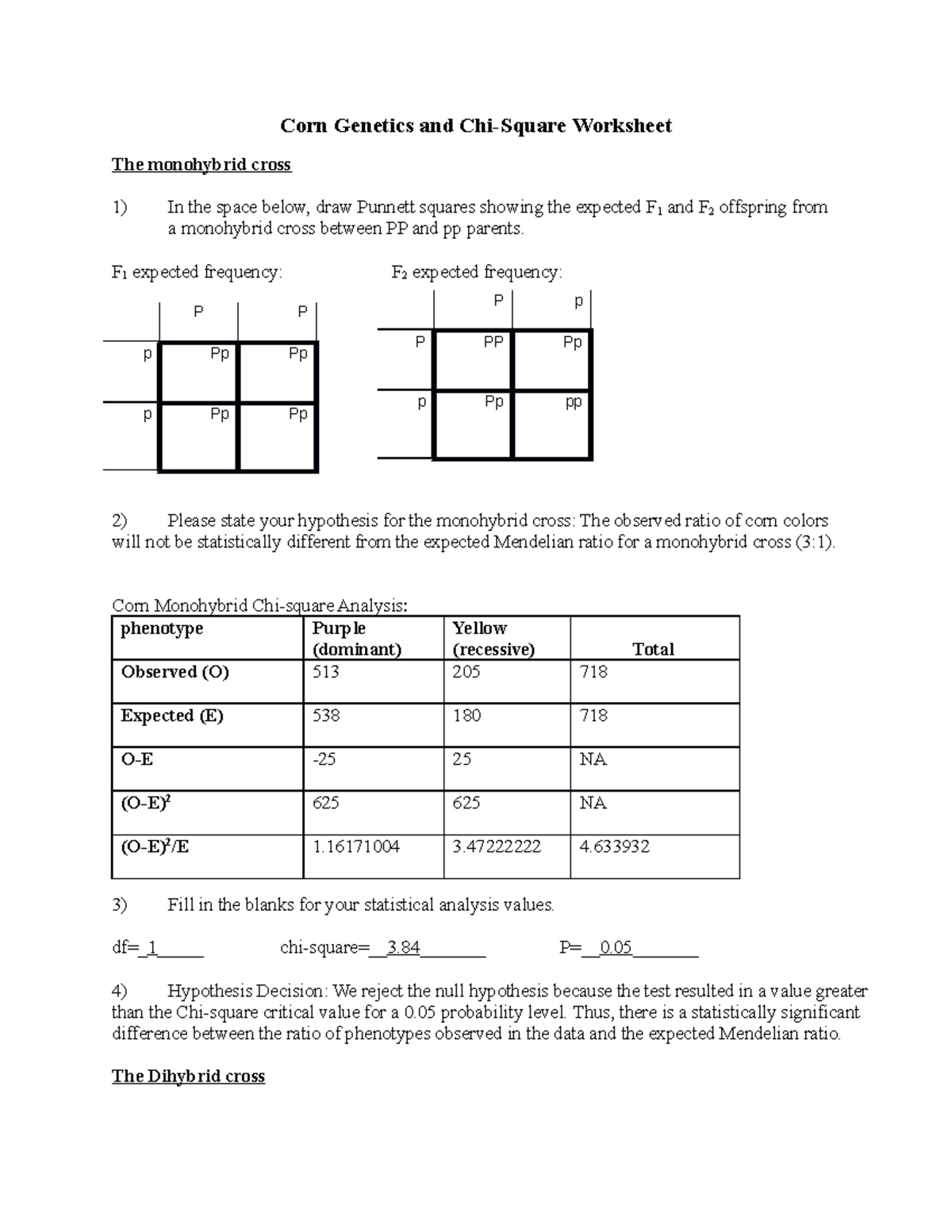 WS2 Mendelian Corn Genetics - Corn Genetics and Chi-Square Worksheet ...