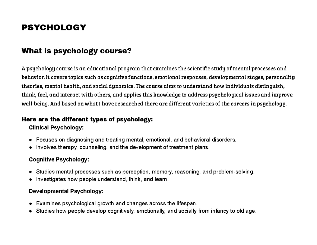 Psychology - N/A - PSYCHOLOGY What is psychology course? A psychology ...