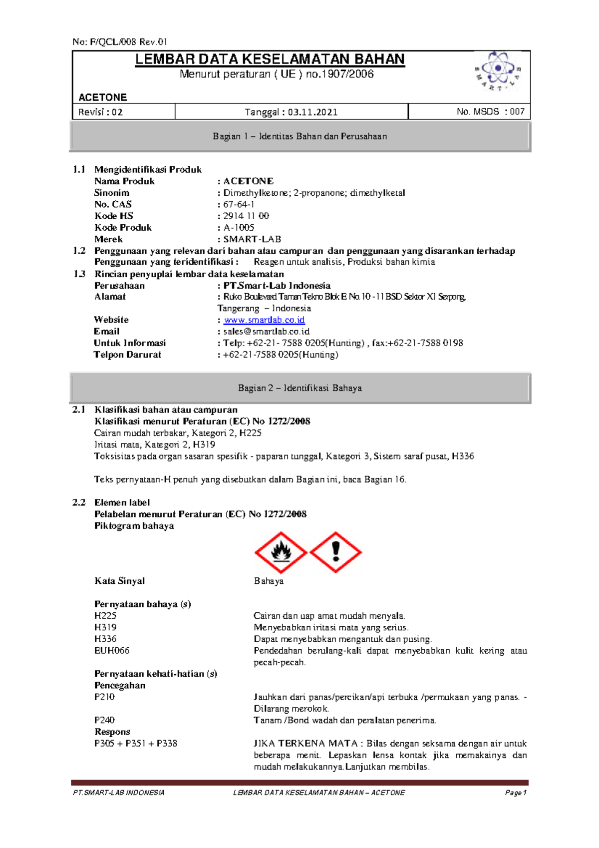 Lembar Data Keselamatan Bahan (MSDS) untuk Acetone (Revisi 02) - Studocu