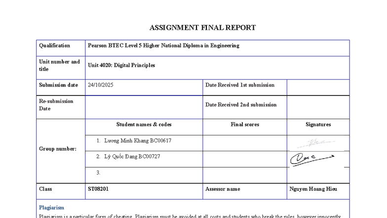 ASM 1 Final Report: Digital Principles Unit 4020 - Engineering - Studocu
