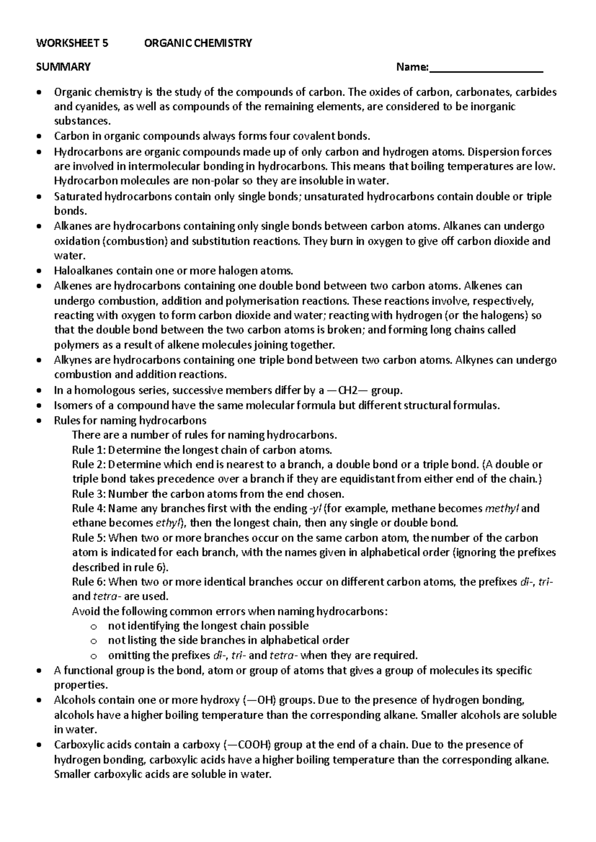 Worksheet 5: Hydrocarbons in Organic Chemistry Overview - Studocu