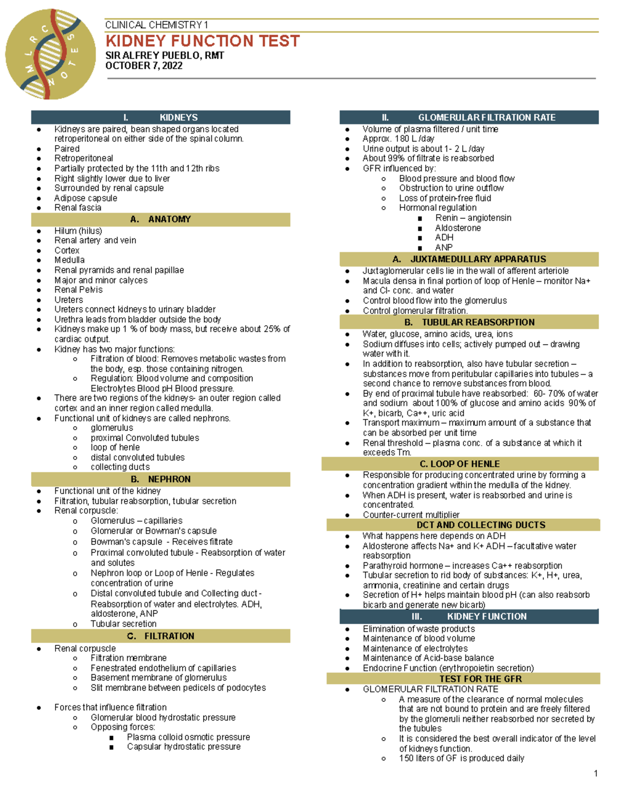 CC Clinical Chemistry: Kidney Function Test Notes - Sir Alfre P. RMT ...