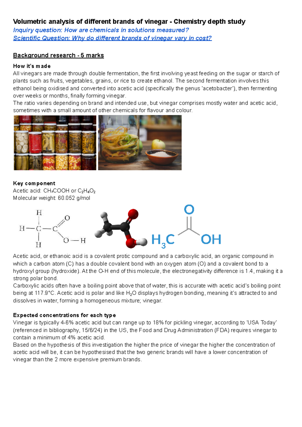 Chemistry Depth Study: Volumetric Analysis of Vinegar Brands (CHEM 101 ...