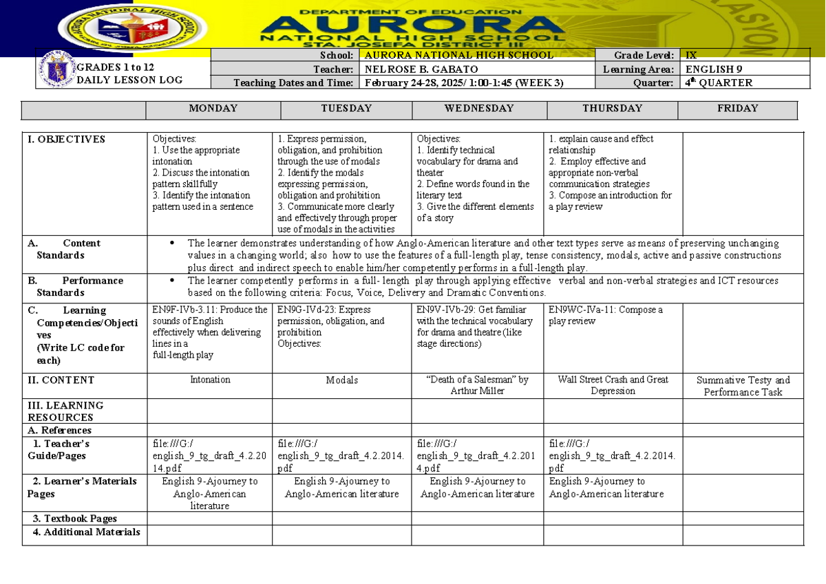 DLL English 9 Q4 W3 - Daily Lesson Log for Intonation & Modals - Studocu