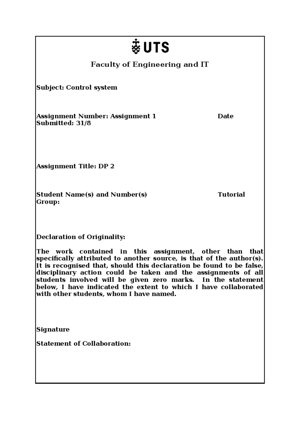 Control Systems Assignment 1 (ENGG 101): DP2 Analysis and Design - Studocu
