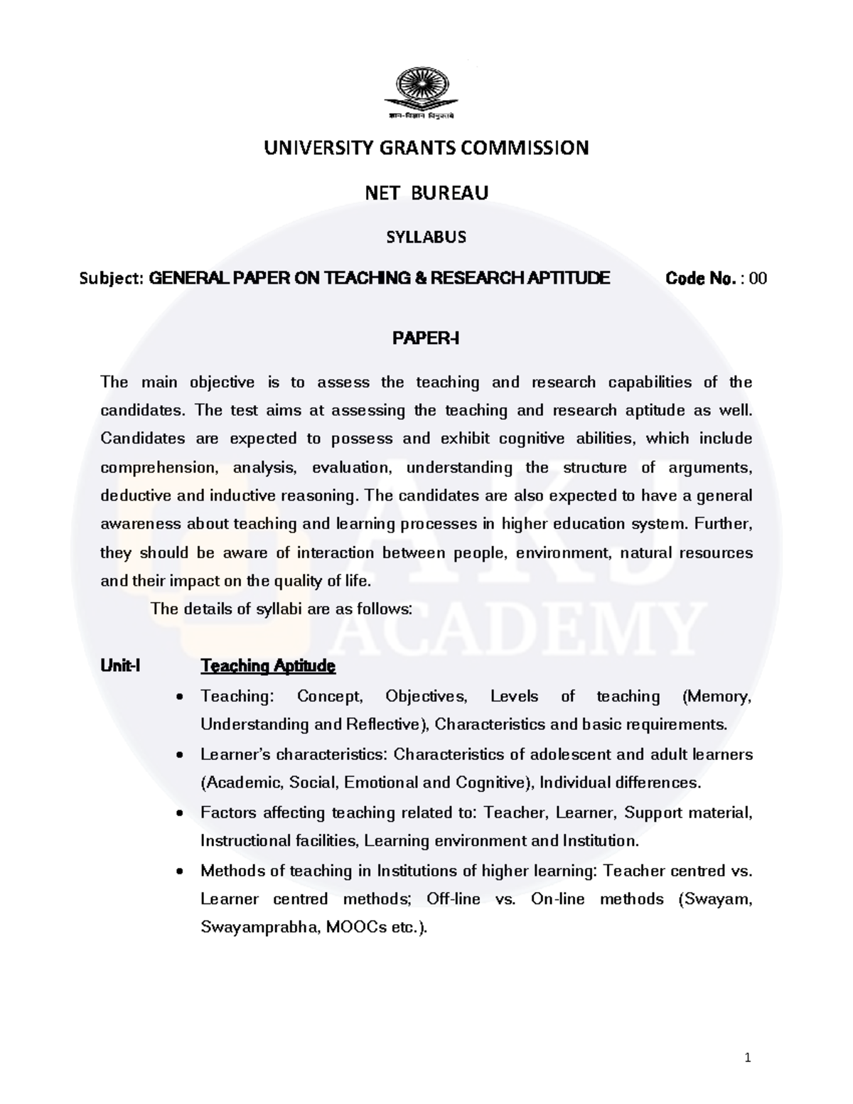 UGC NET Syllabus: General Paper on Teaching & Research Aptitude (Code ...