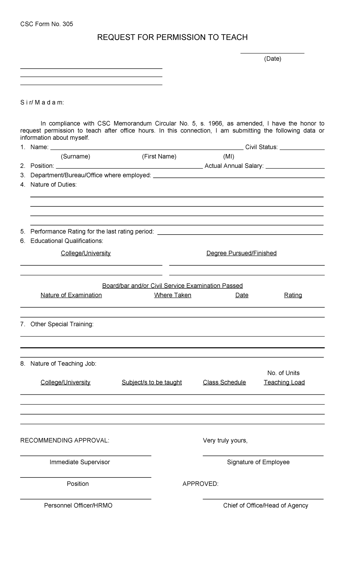 CSC Form No. 305: Request for After-Hours Teaching Permission - Studocu
