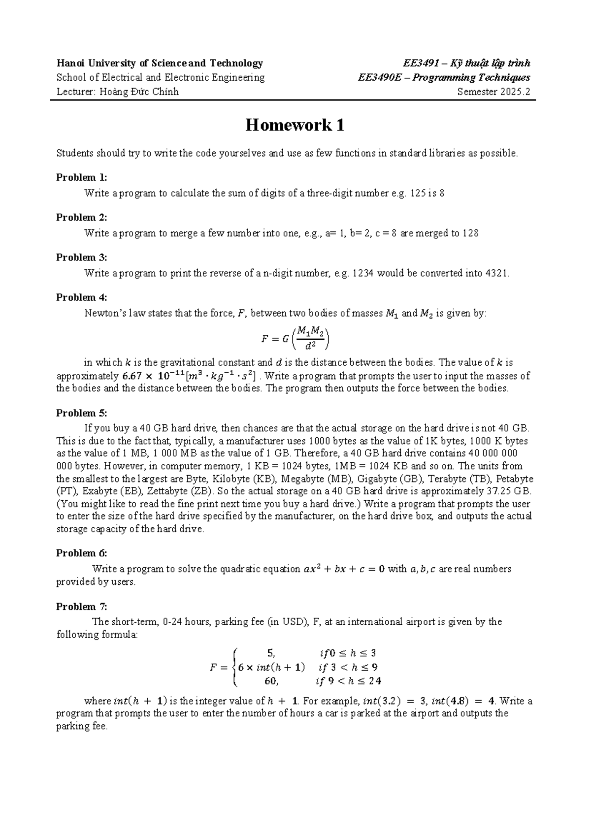 EE3491 Homework 1: Programming Techniques and Problem Solving - Studocu