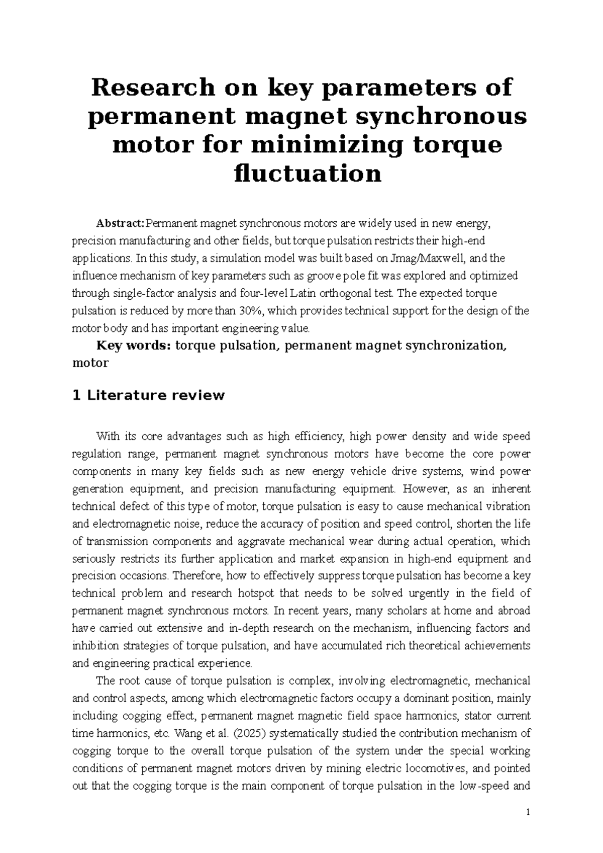 Research on Key Parameters of Permanent Magnet Synchronous Motor (ENGR ...