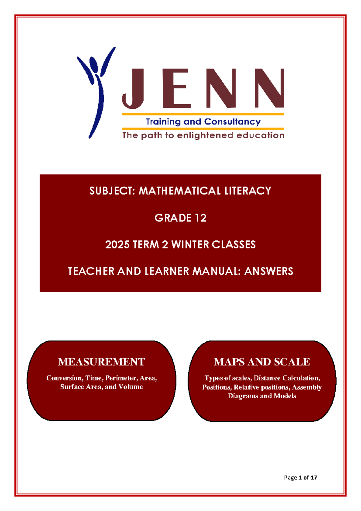 Mathematical Literacy G12 2025 Term 2 Winter Classes Solutions Manual ...