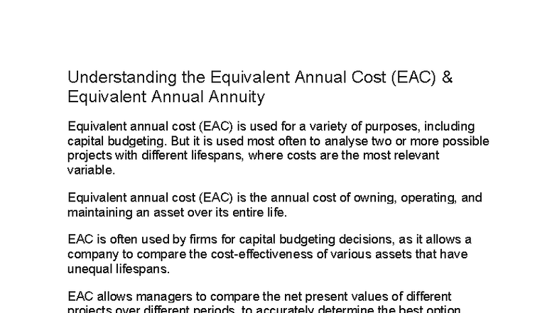 EAC & EAA Analysis for Capital Budgeting Decisions - Studocu