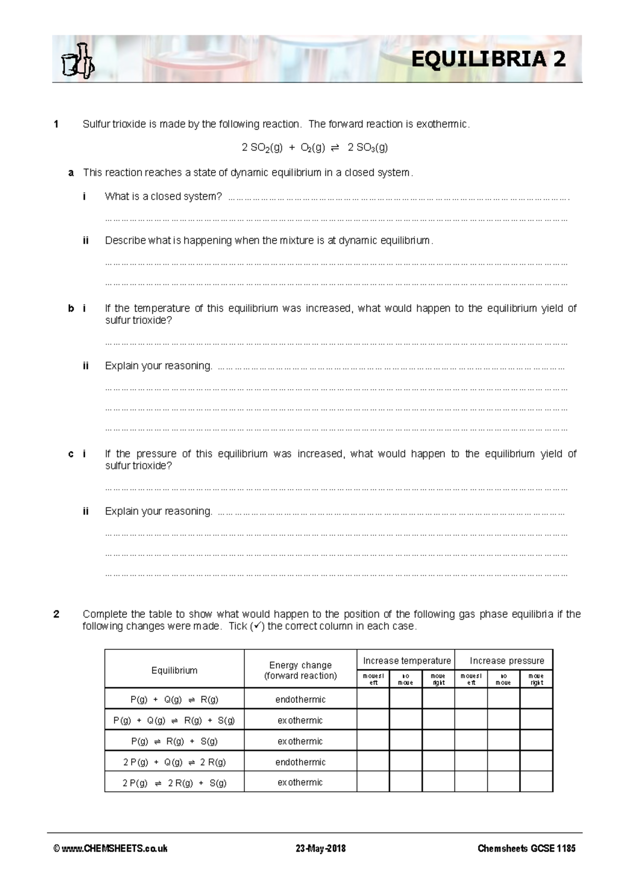 Chemsheets GCSE 1186: Equilibria 2 - Dynamic Equilibrium & Changes ...