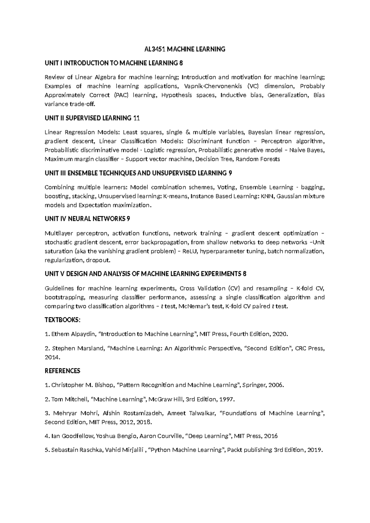 AL3451 Machine Learning Course Overview and Key Topics - Studocu