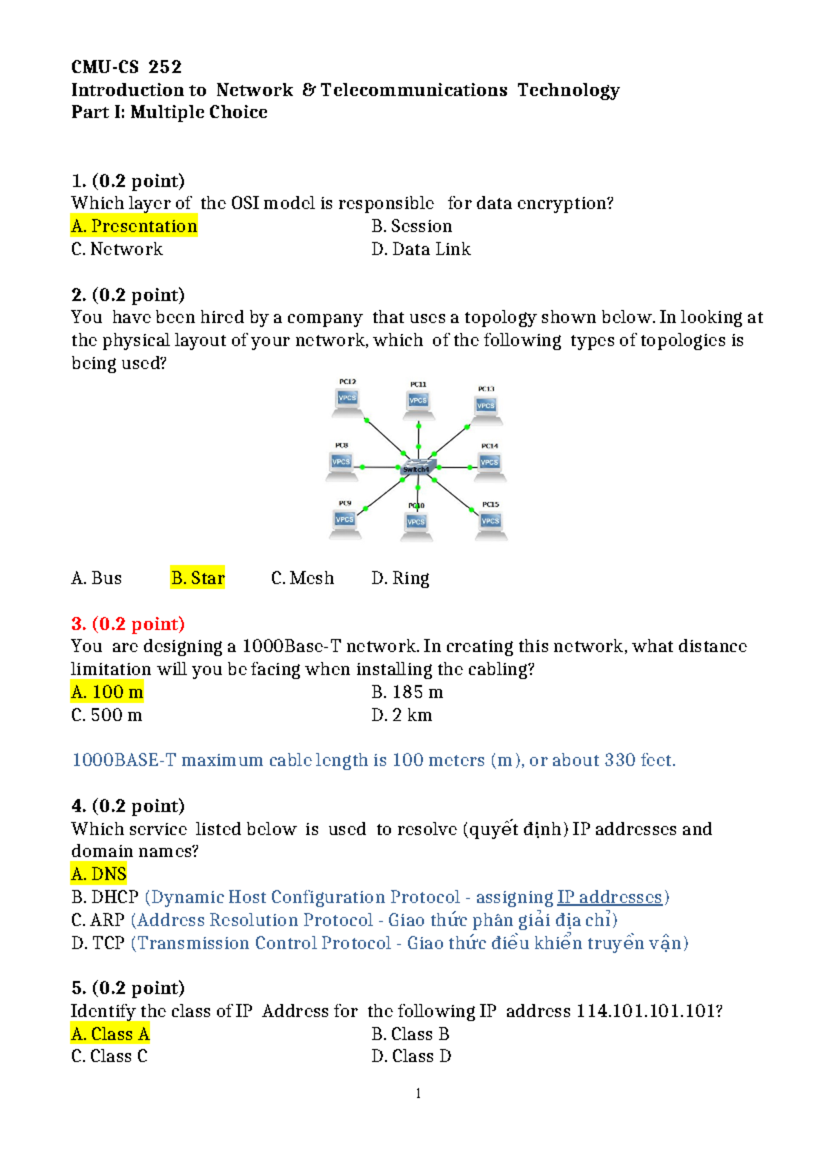 CMU CS 252 Final Exam: Network Telecommunications Technology MCQs - Studocu