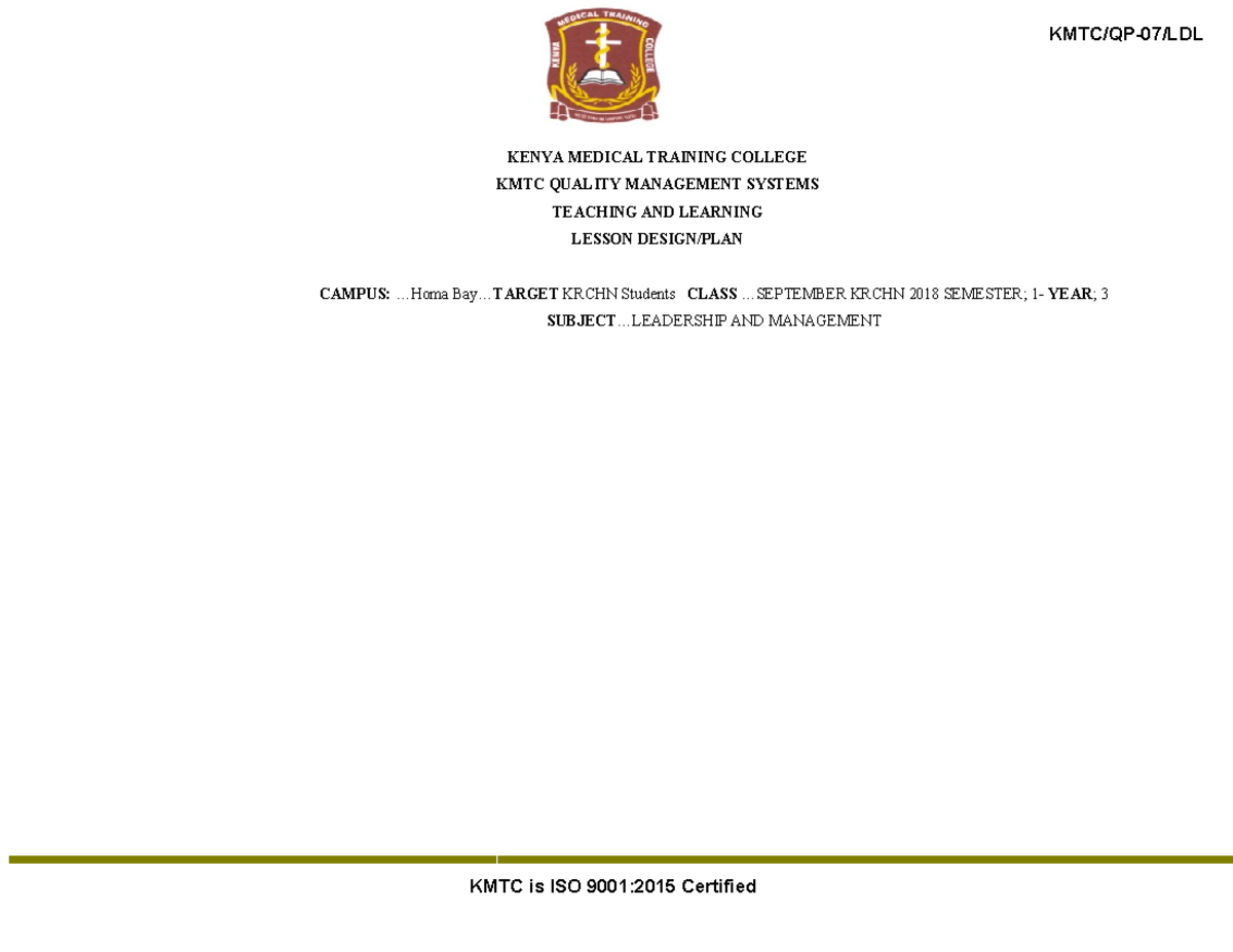 HSM 3107 Leadership & Management Lesson Plan: Quality Management ...