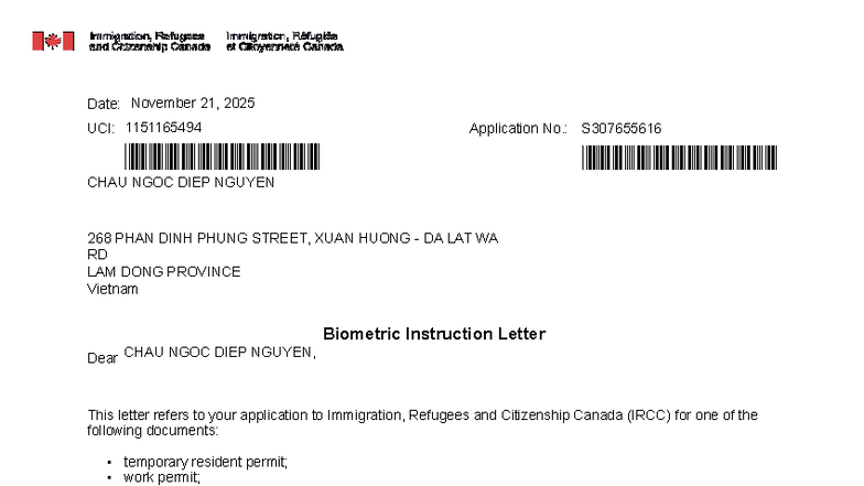 Biometric Instruction Letter for Application No. S307655616 - Studocu