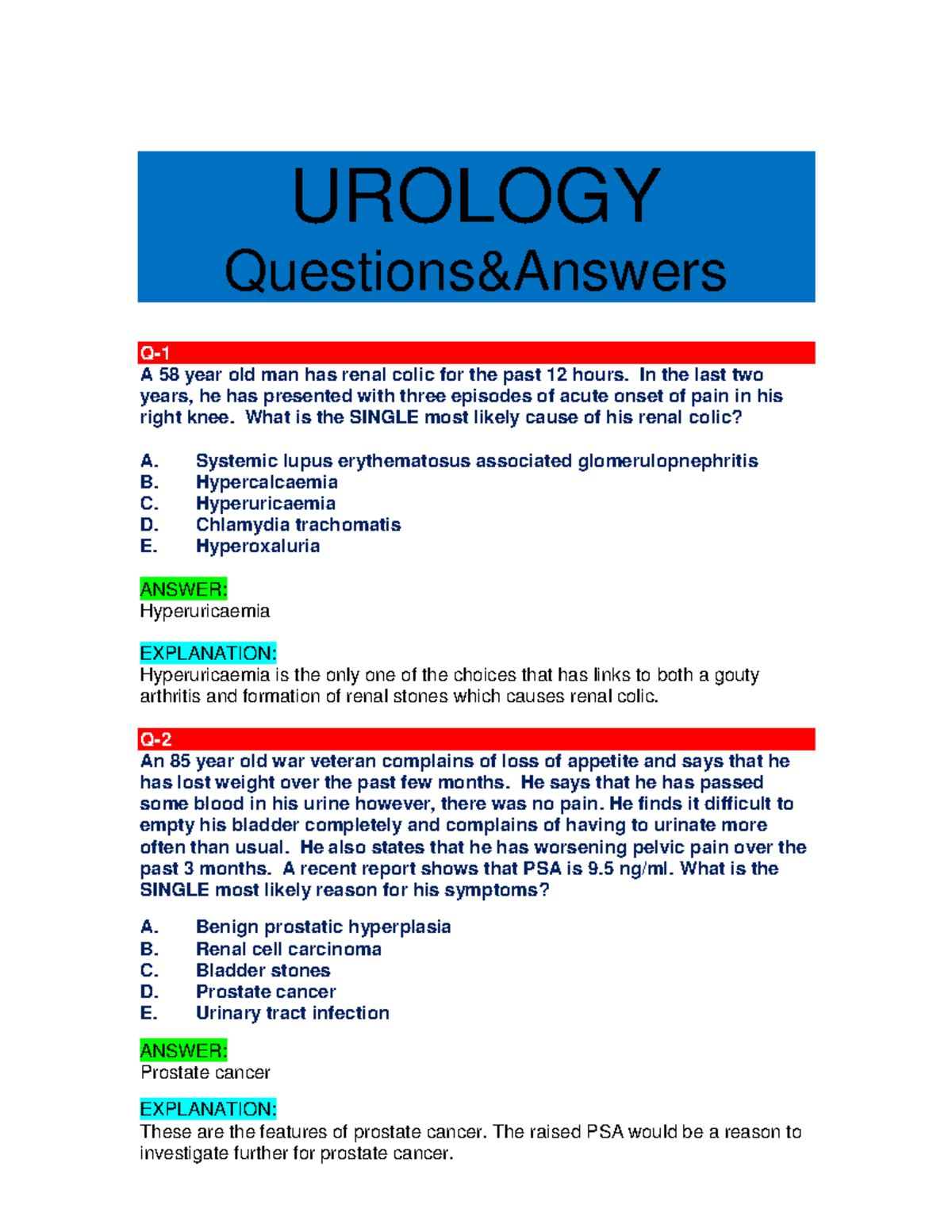 Urology - Questions and Answers for Final Exam Preparation - Studocu