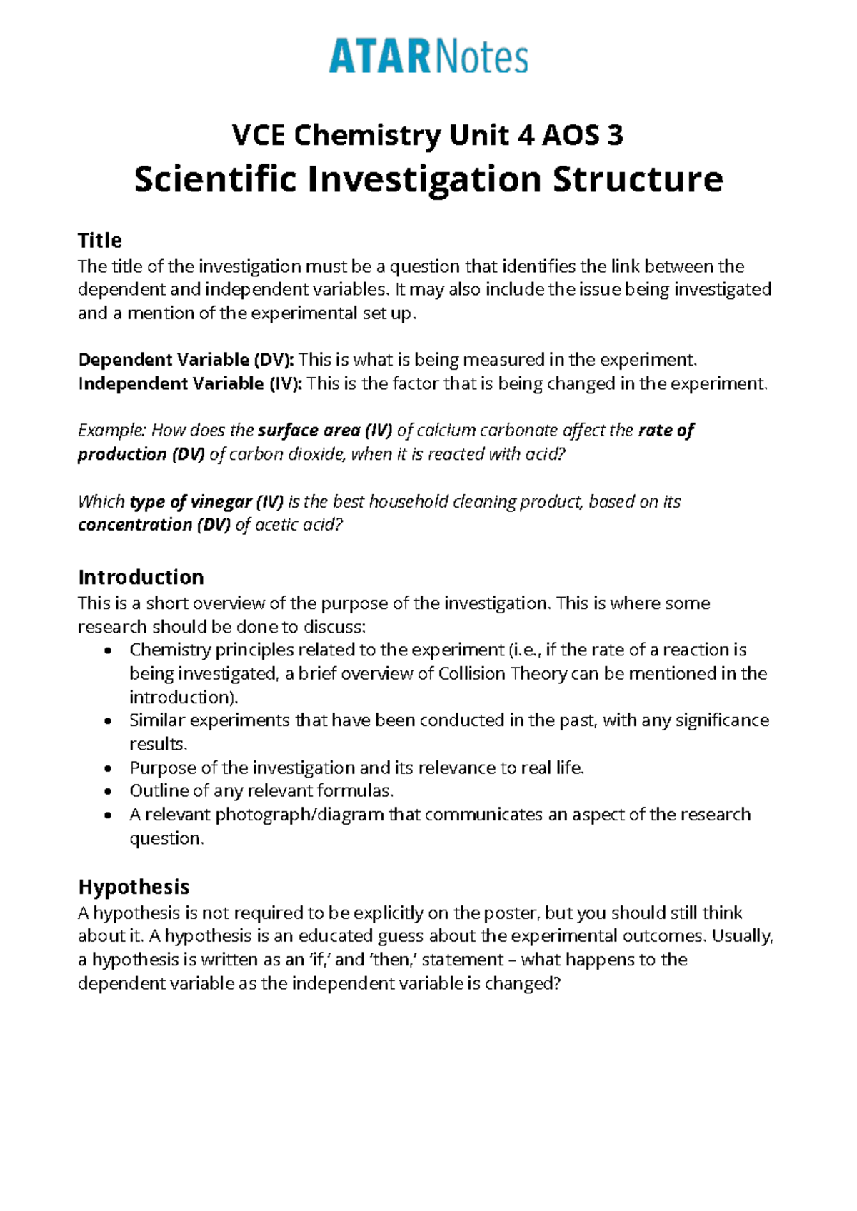 VCE Chemistry Unit 4 AOS 3 Scientific Investigation Guide - Studocu