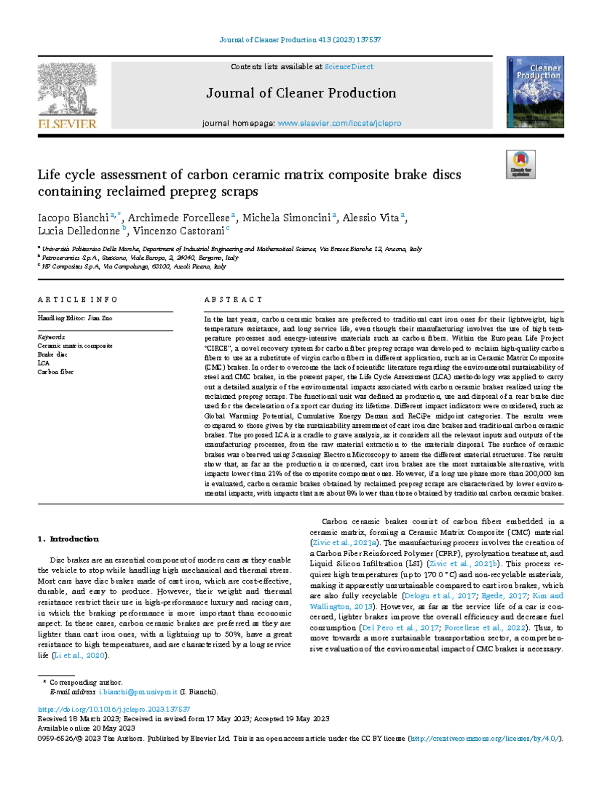 Life cycle assessment of carbon ceramic matrix composite brake discs ...
