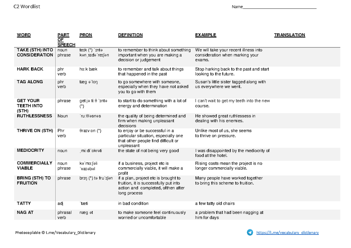 C2 Vocabulary Wordlist for Advanced Learners - Studocu