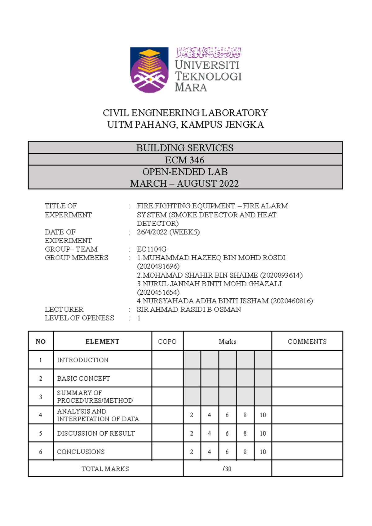 Lab Demonstration: Fire Alarm System (ECM 346) - Open-Ended Lab Report ...