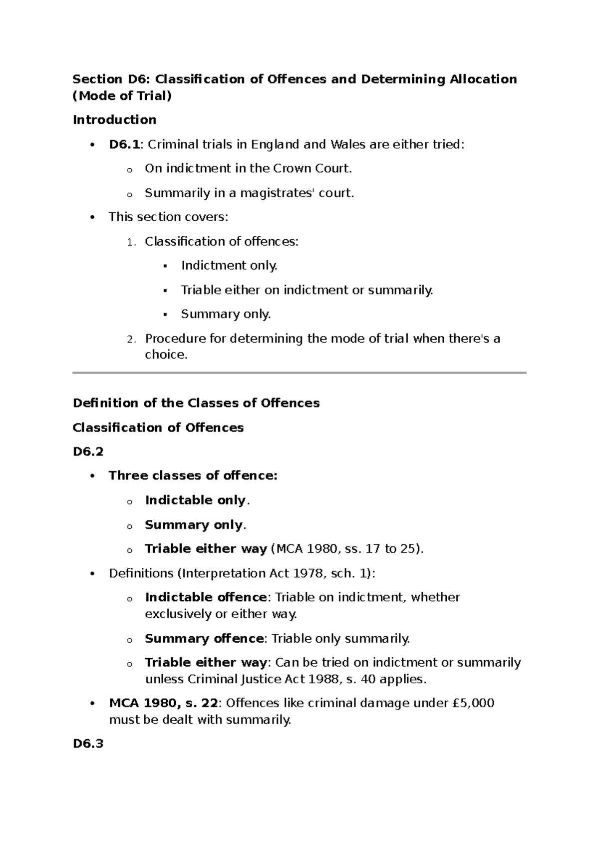 Section D6 notes - Section D6: Classification of Offences and ...