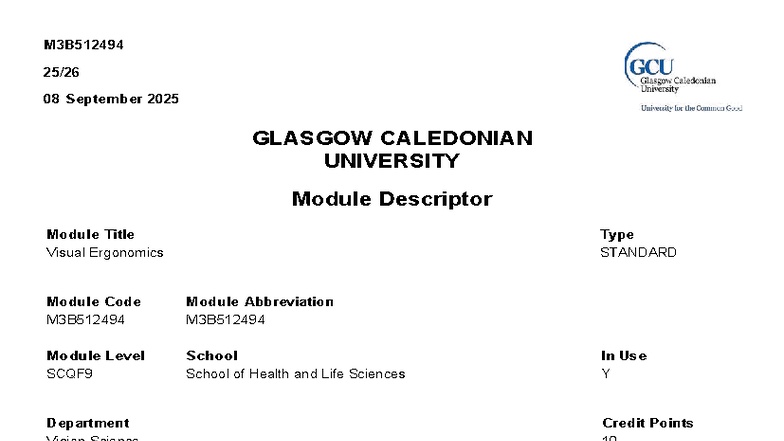 M3B512494 Visual Ergonomics Module Descriptor 2025-26 - Studocu