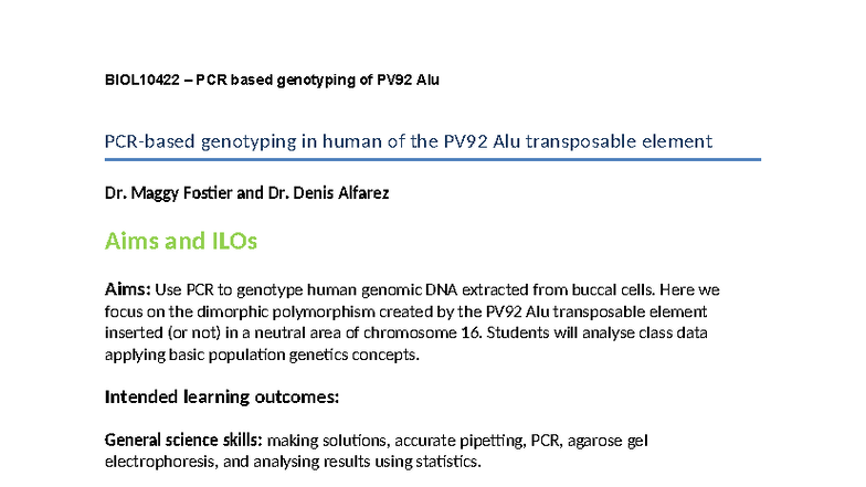 PCR genotpying of PV92 Alu-2025 - students 10422-REV - ####### PCR ...