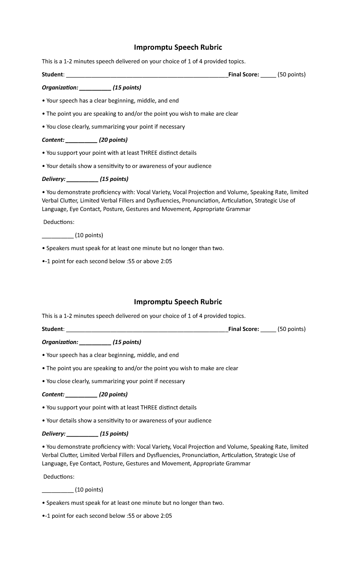 Impromptu Speech Rubric for Effective Communication Skills - Studocu