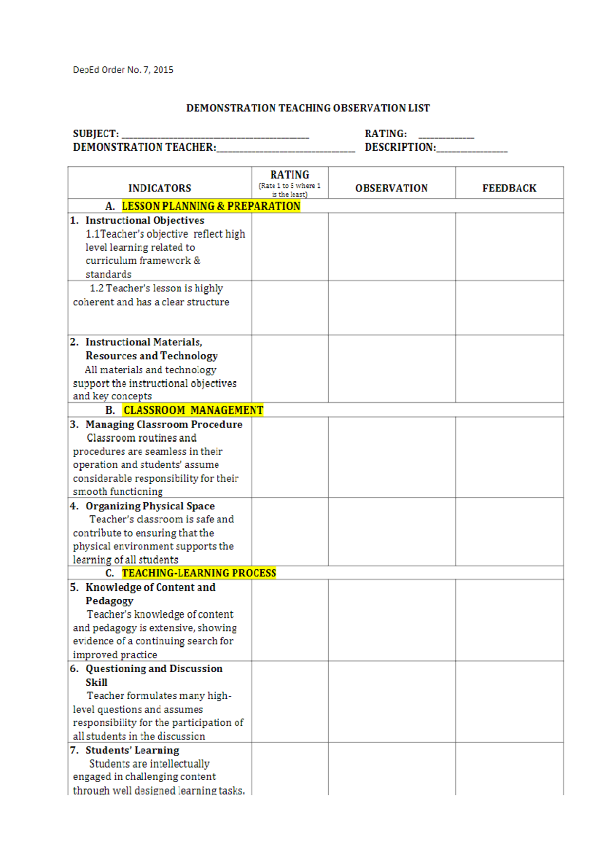 DepEd Order No. 7, 2015: Demo Teaching Observation Rating Sheet - Studocu