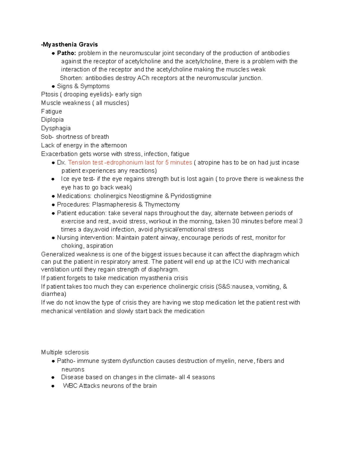 Test 1 notes on neuro -Myasthenia Gravis Patho: problem in the ...