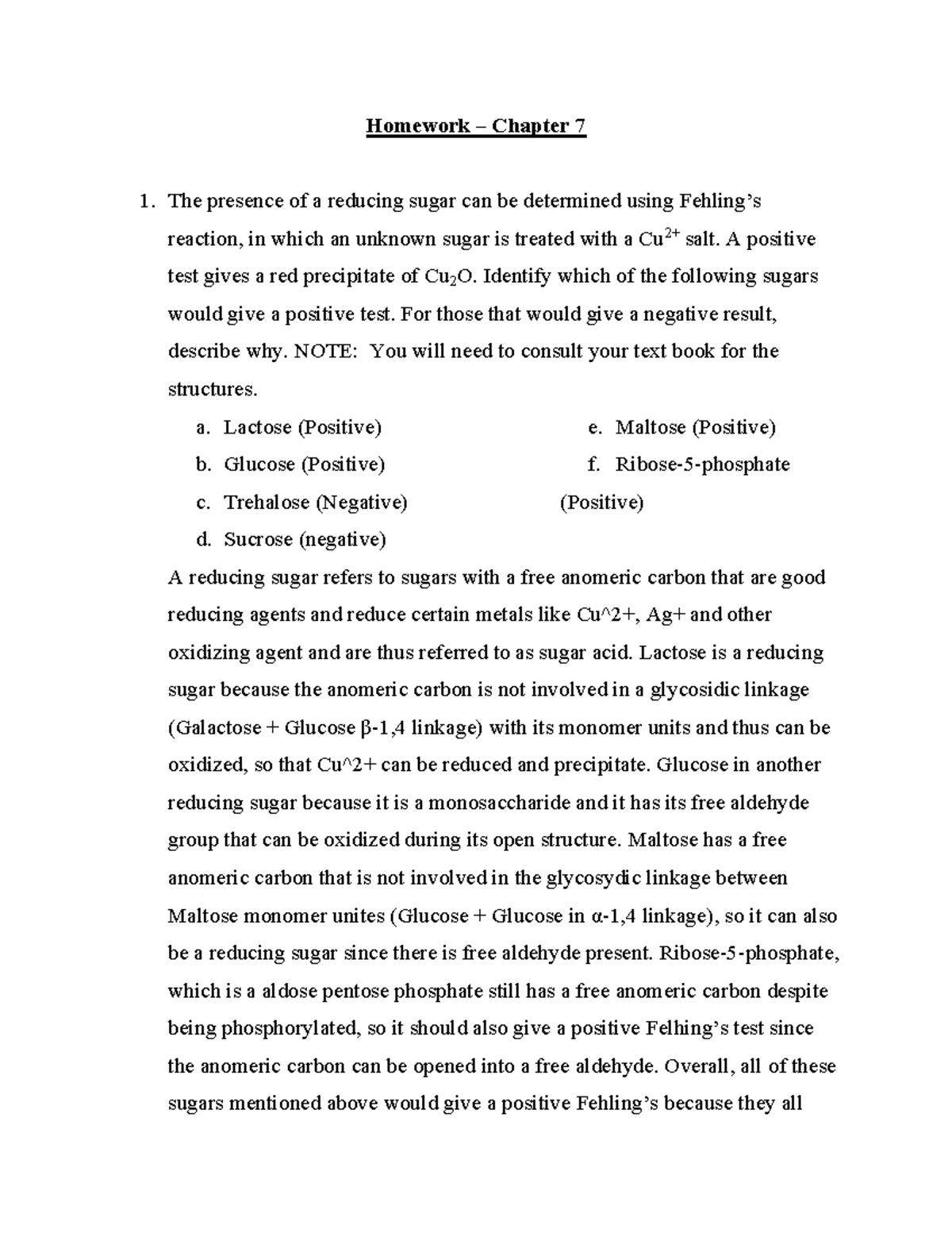Homework Chapter 7: Biochemistry of Reducing Sugars and Glycoproteins - Studocu