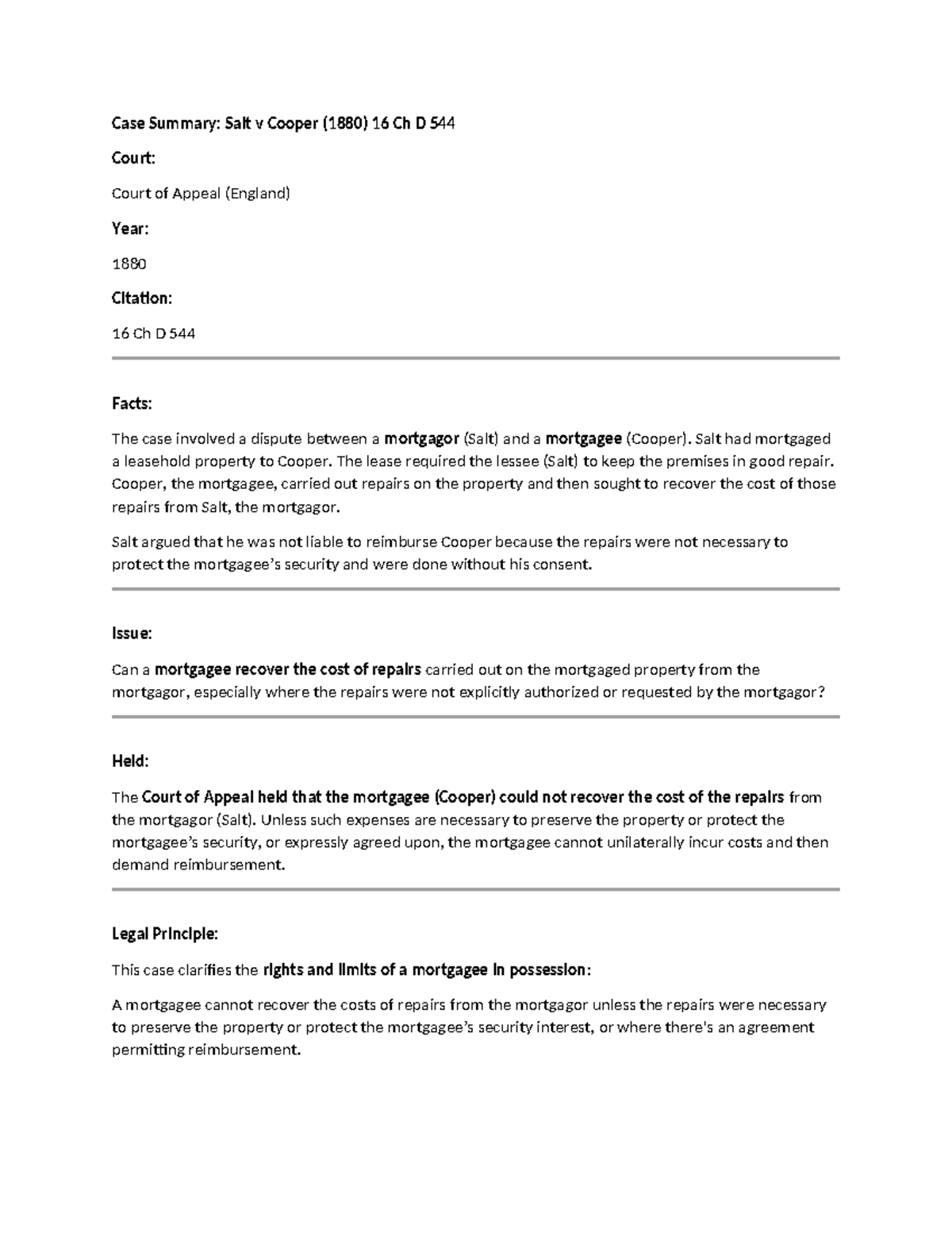 Case Summary: SALT v COOPER (1880) - Court of Appeal Decision - Studocu