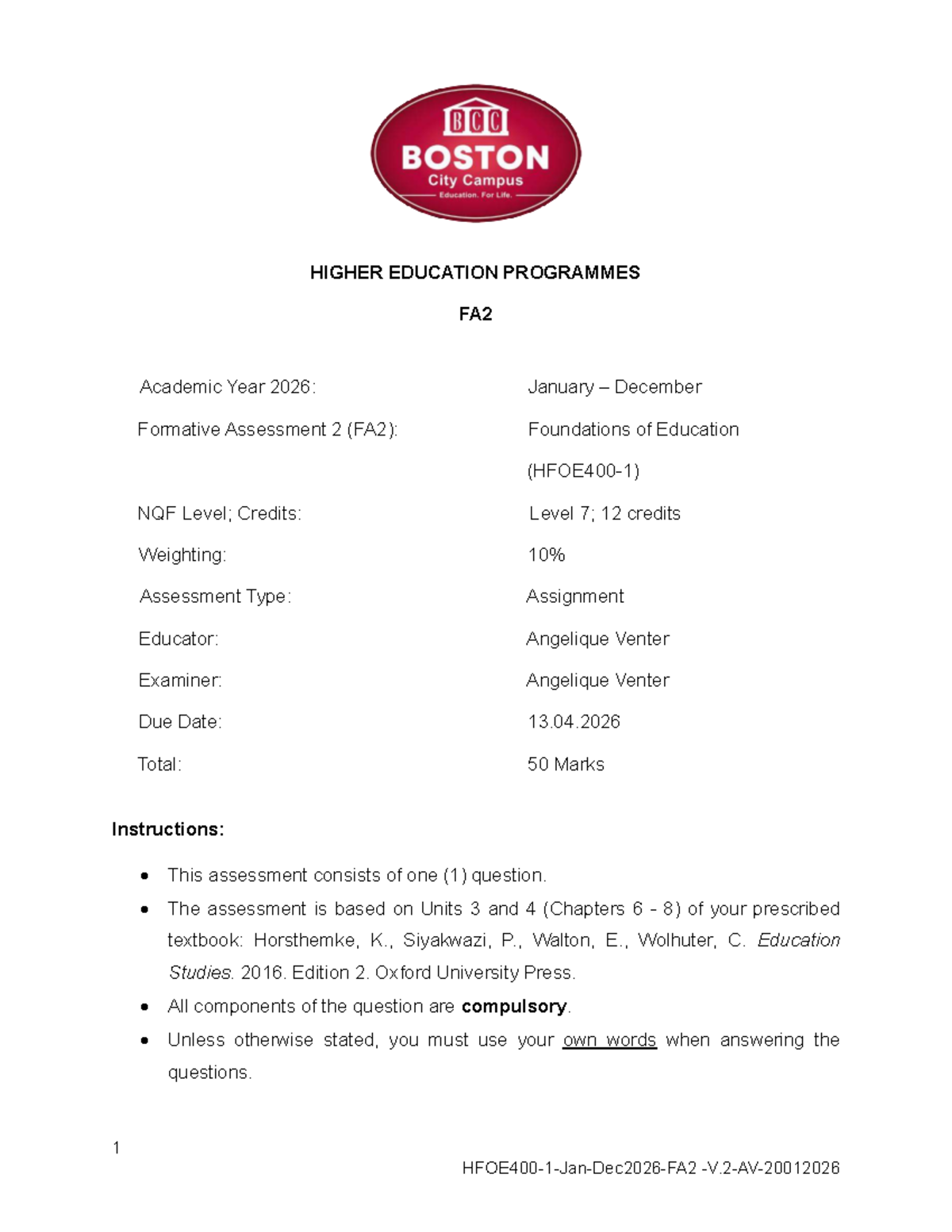 HFOE400-1: FA2 Assignment on Sociology of Education in SA (2026) - Studocu