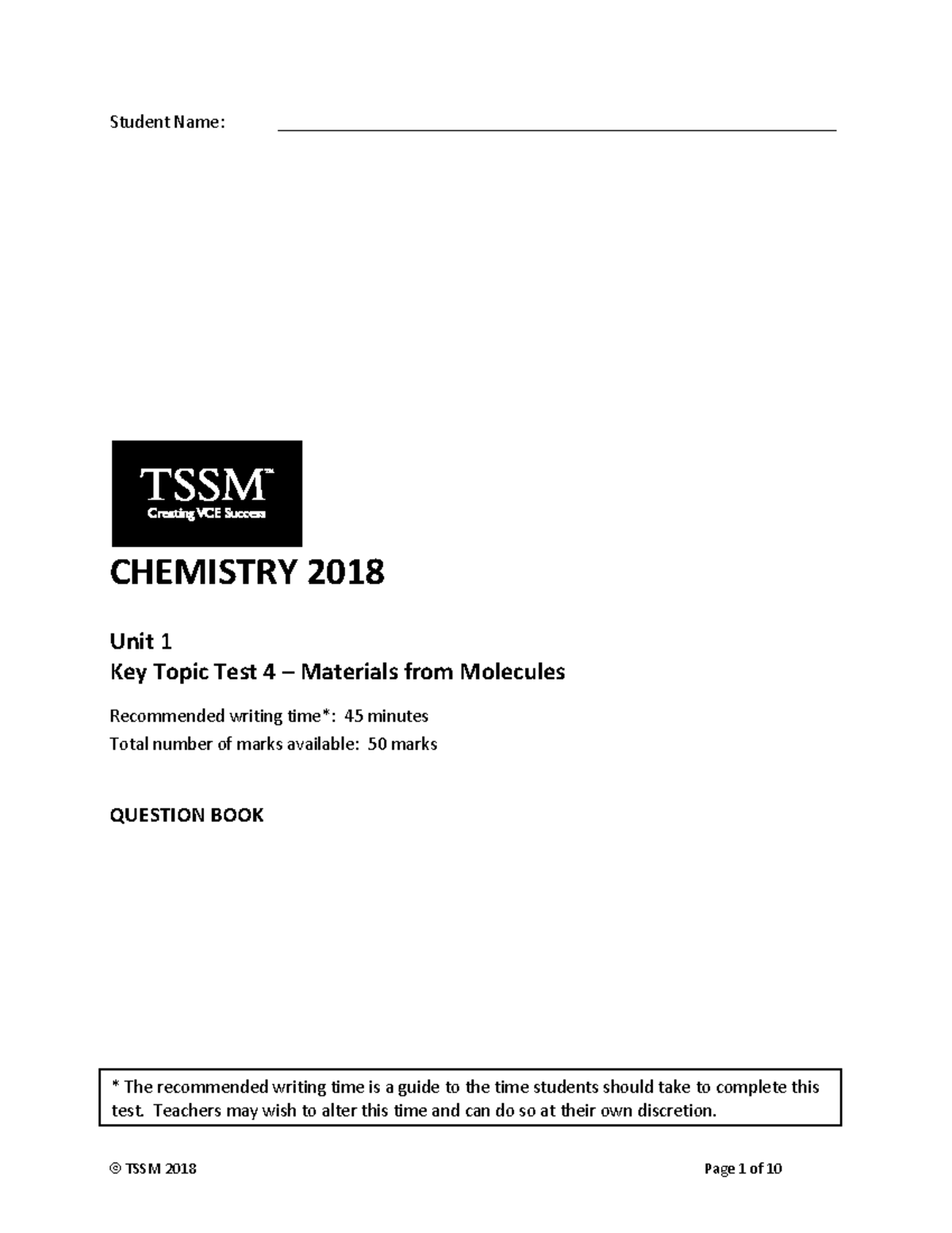 Chemistry 2018 Unit 1 Key Topic Test 4 - Question Book - Studocu
