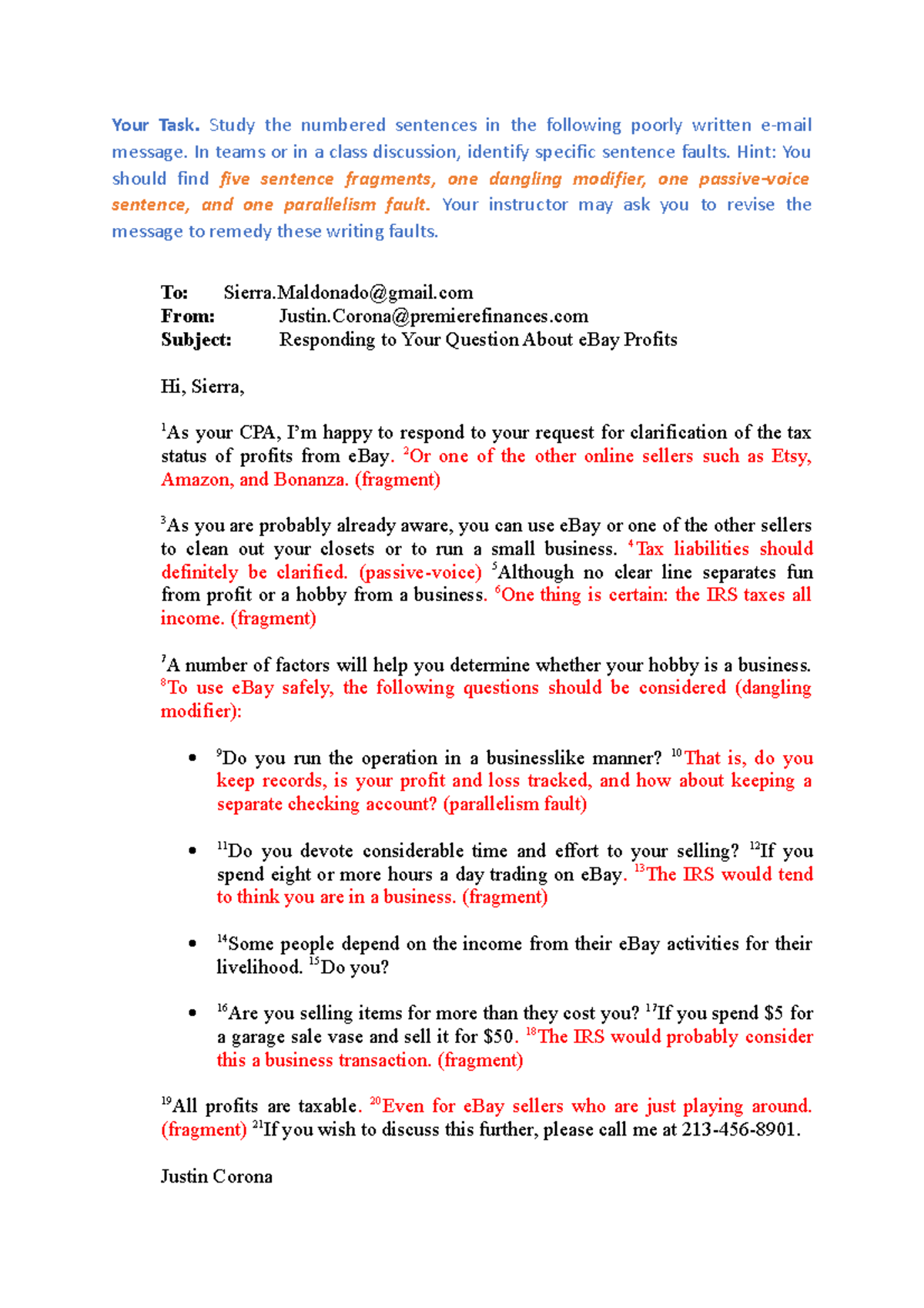 Writing Practice 3 - 1111 - Your Task. Study the numbered sentences in ...